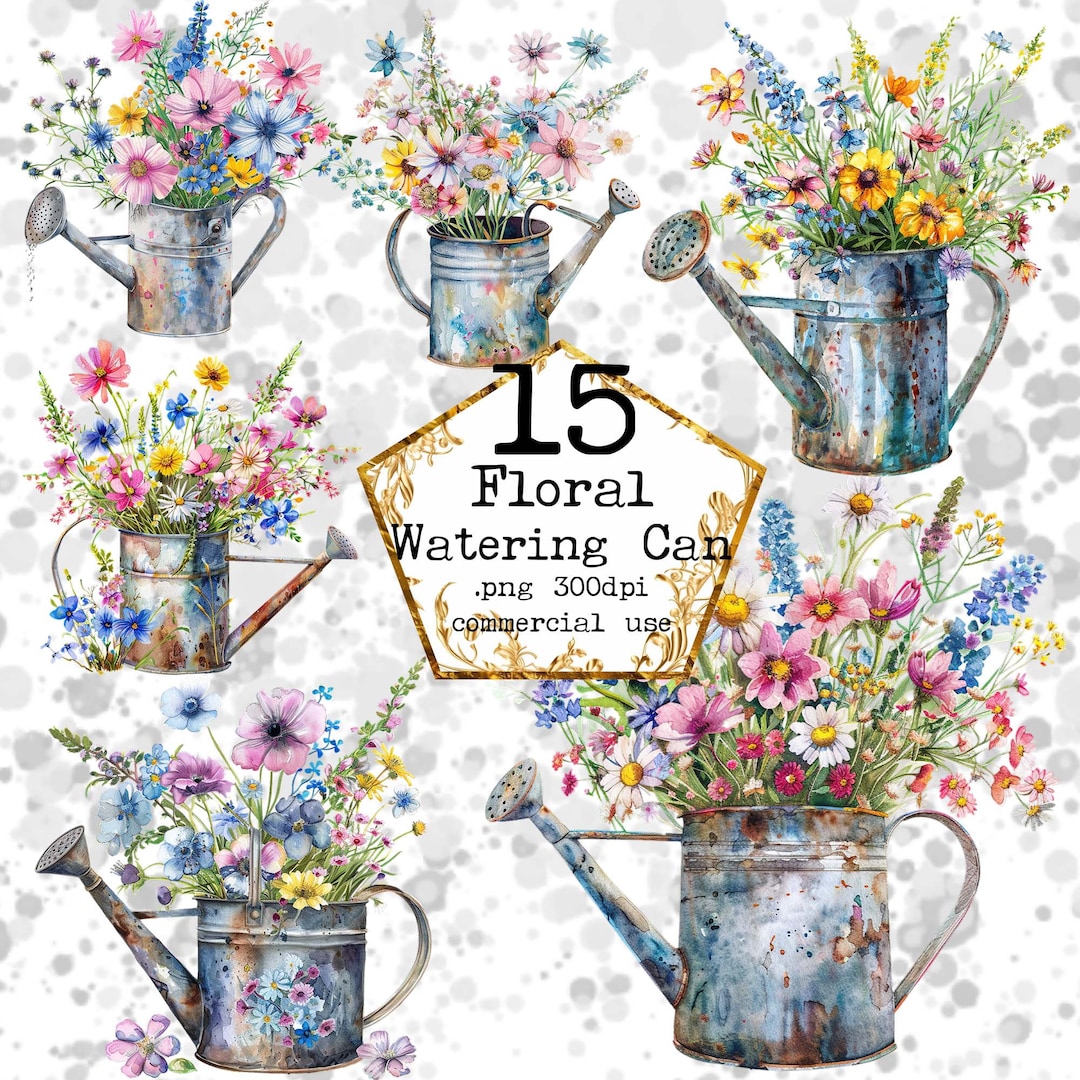 Watercolor Floral Watering Cans Clipart Floral Gardening Bouquet PNG ...
