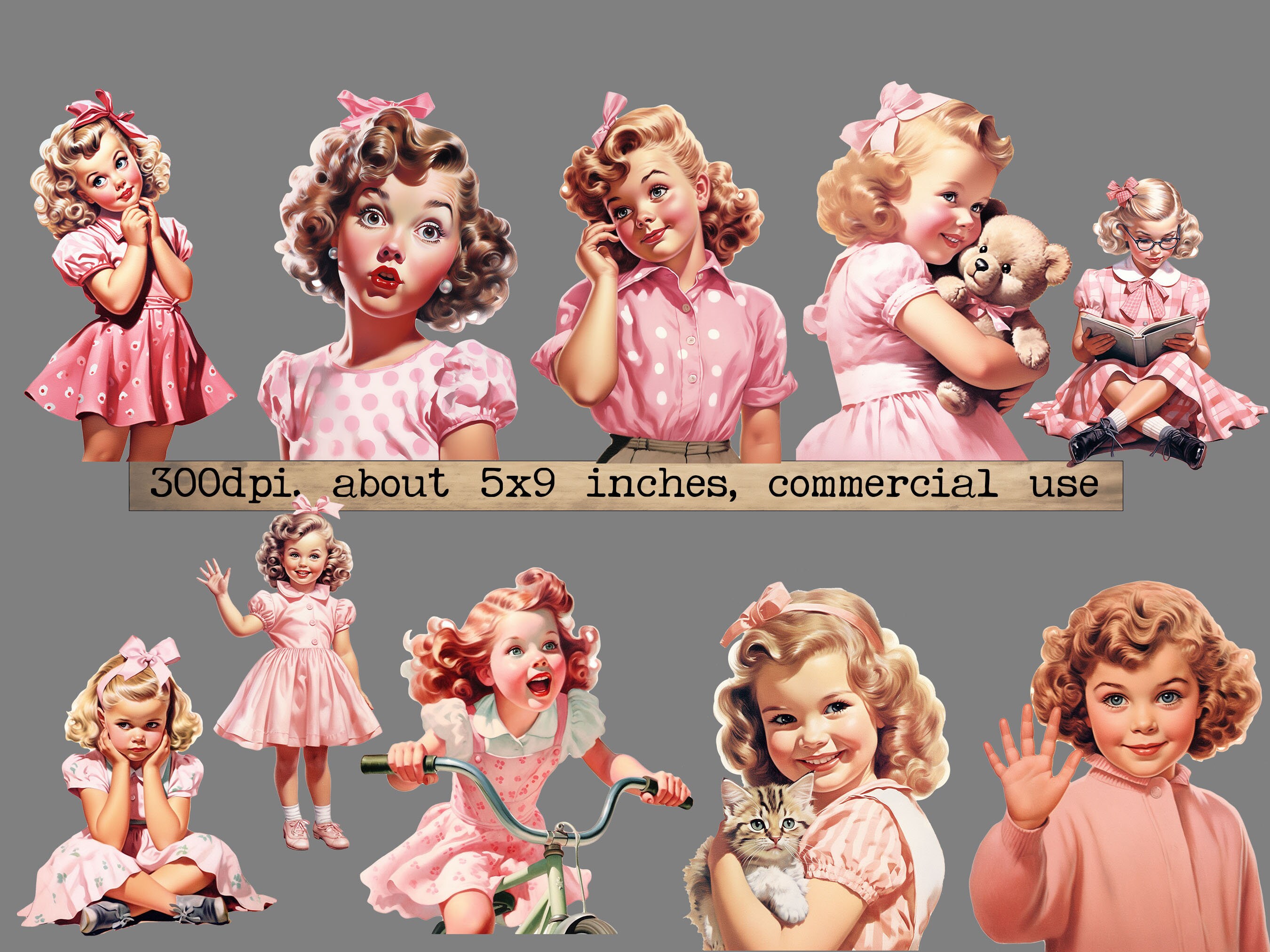 Retro Little Girl Clipart Bundle, Transparent PNG, 1950s Fashion Girl ...