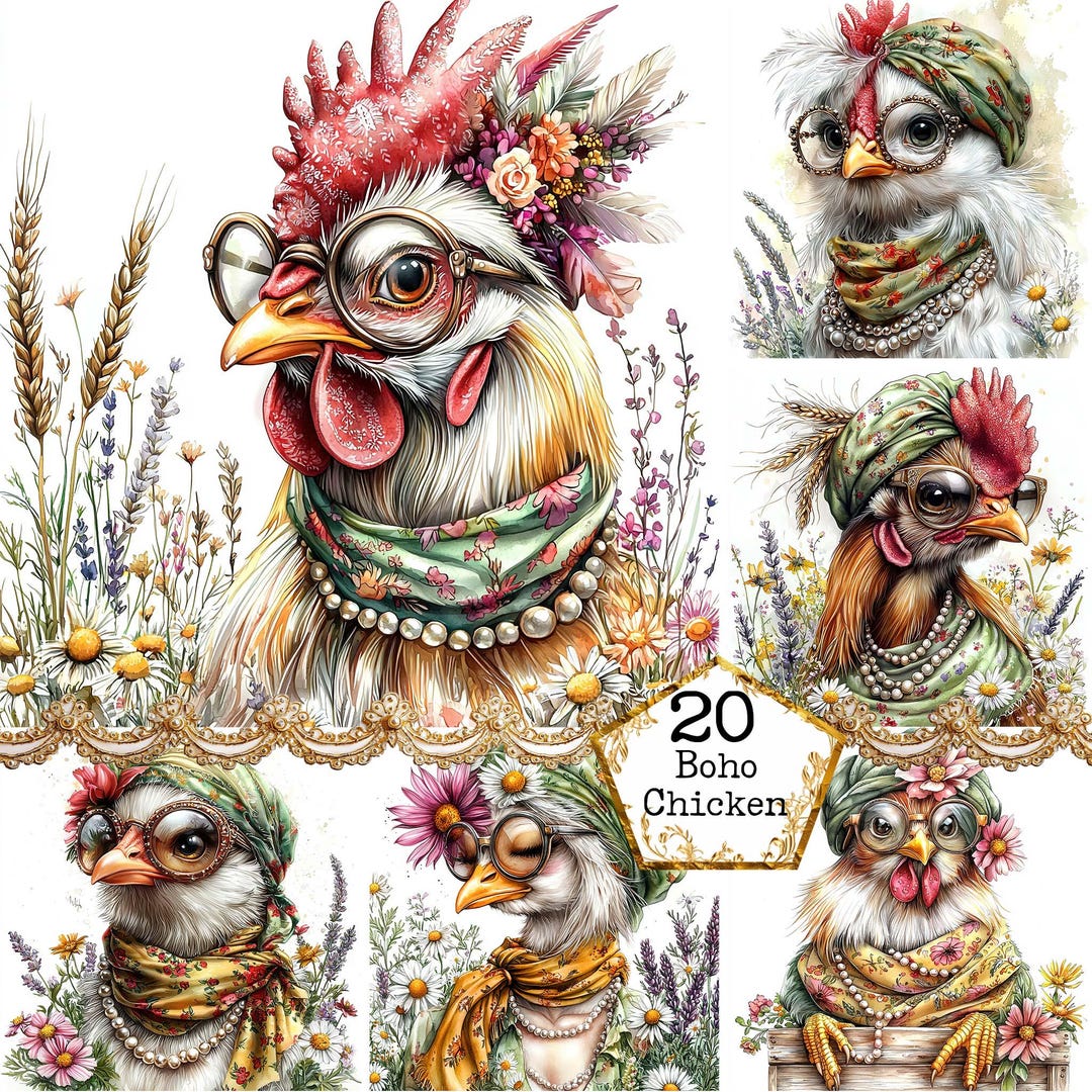 JPEG Watercolor Fashion Chicken Clipart Bundle Boho Chicken Funny ...