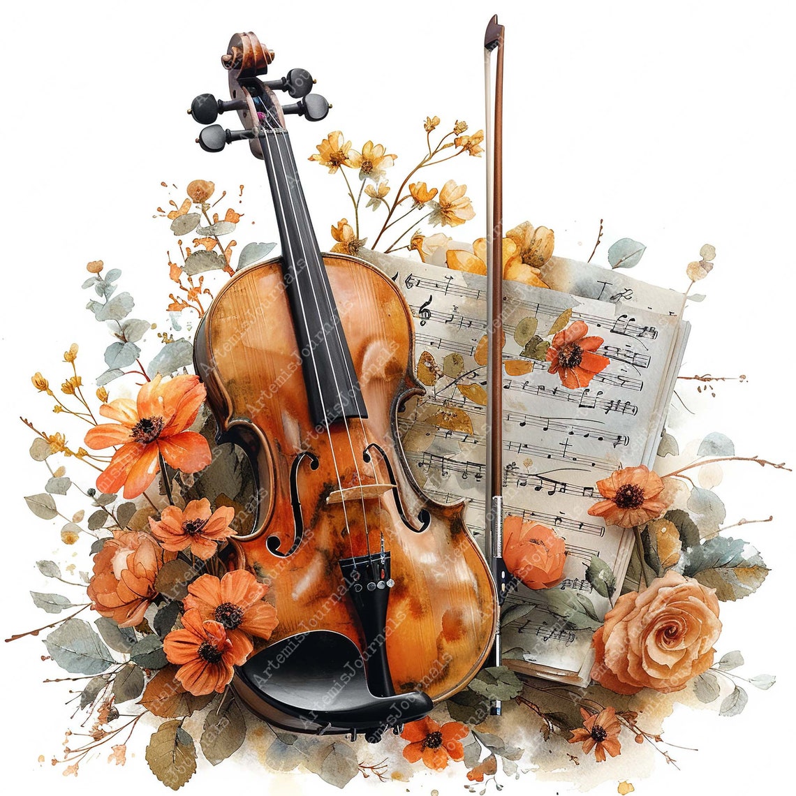 JPEG Violin With Music Sheets Clipart Bundle JPEG Music Art Digital ...