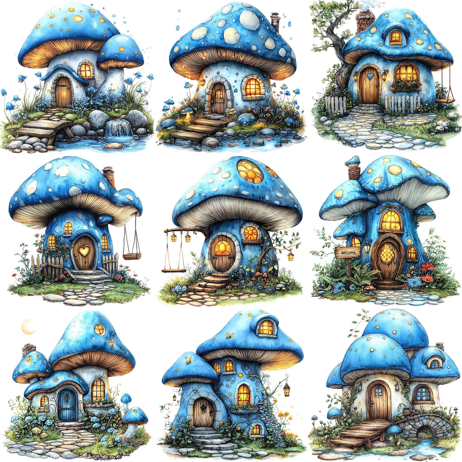 PNG + JPEG Watercolor Toadstool Fairy House Clipart Bundle Fairy House ...