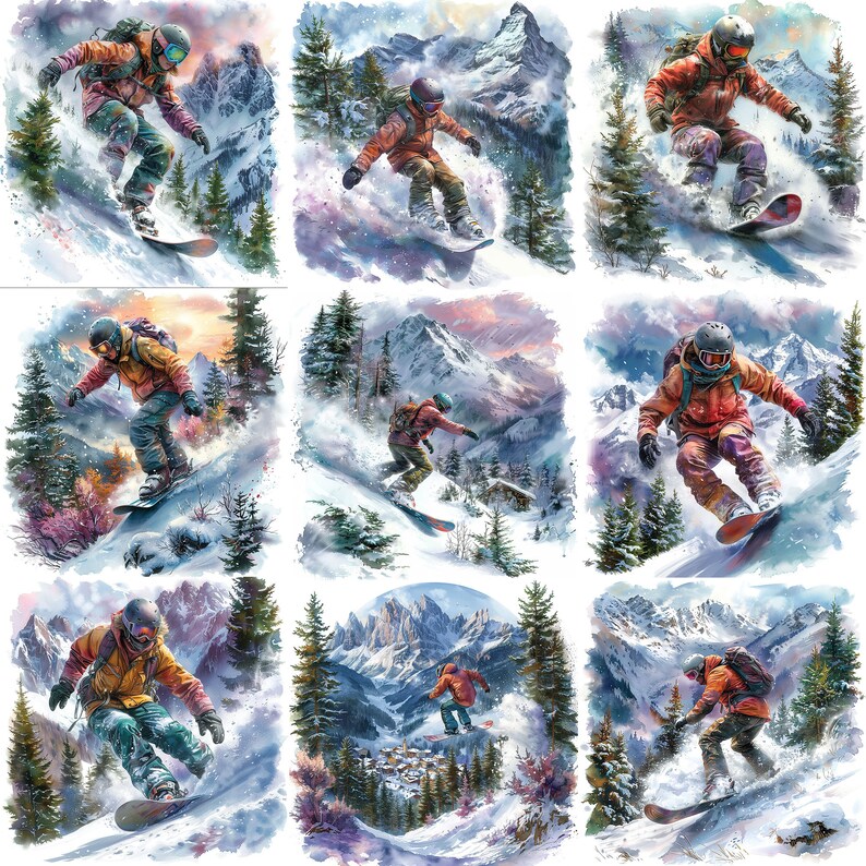 Watercolor Snowboarding Clipart JPEG Instant Download Winter Clipart ...