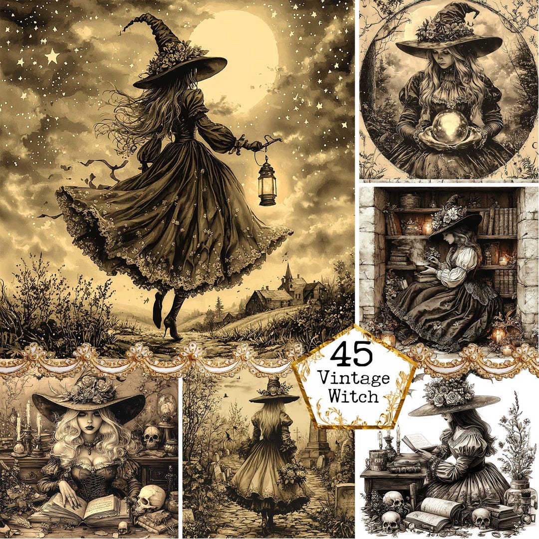 JPEG Vintage Witchy Backgrounds Lithograph Papers Monochromatic Witch ...