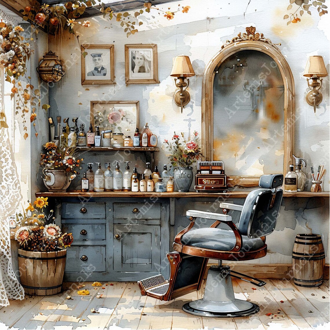 Watercolor Vintage Barber Shop JPEG Instant Download Hairdresser's Shop ...
