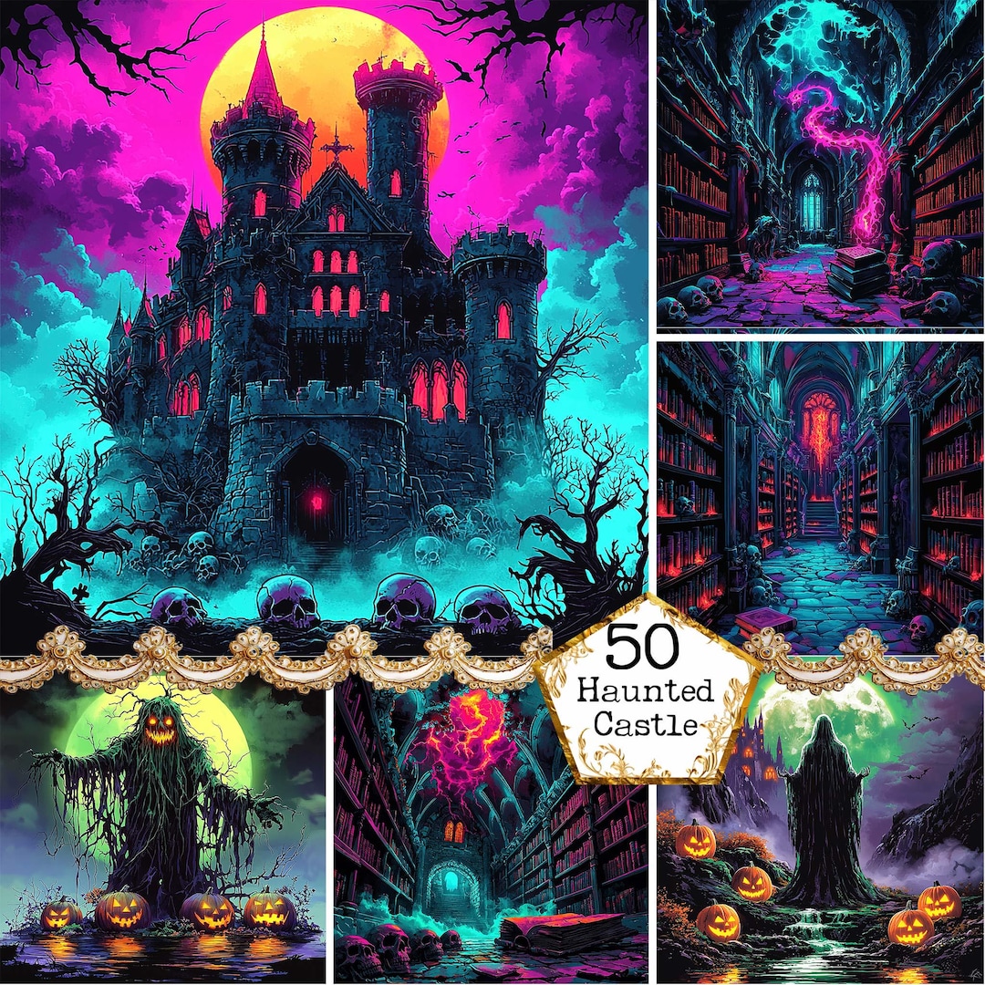 JPEG Electric Vibrant Haunted Castle Illustration Halloween Art ...