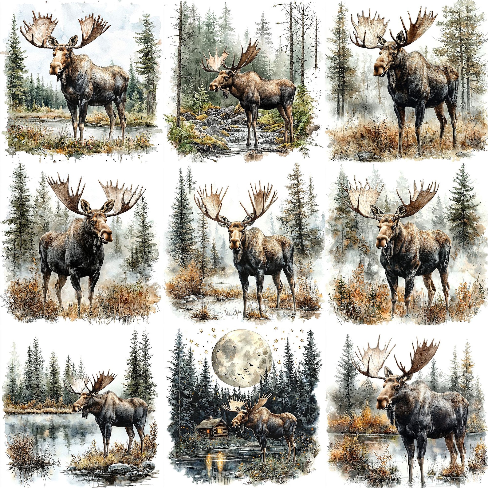 JPEG Watercolor Moose Clipart Bundle Forest Clipart Woodland Art ...