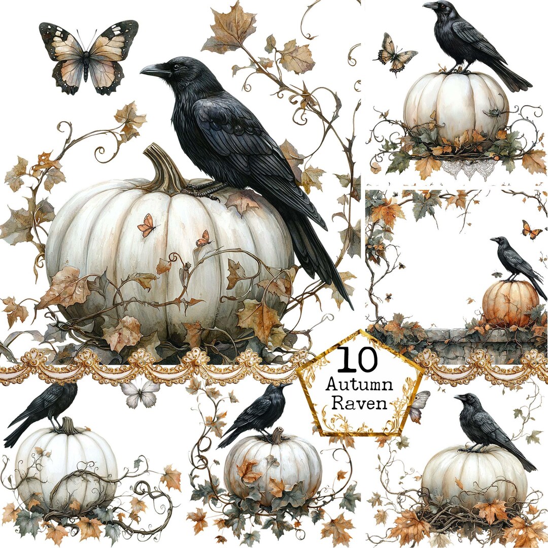 PNG Overgrown Watercolor Pumpkins and Raven Clipart Bundle Fall Clipart ...