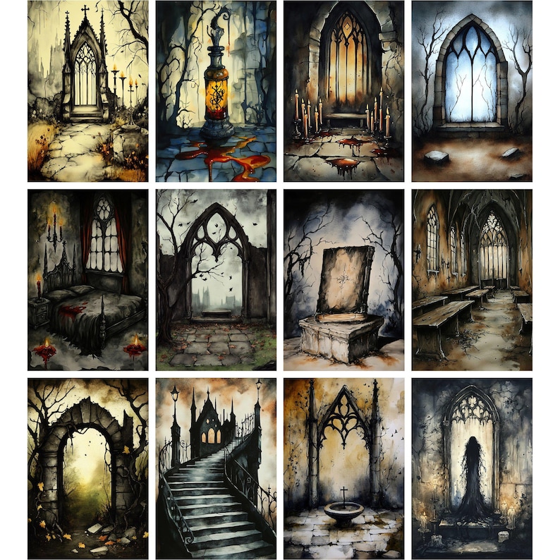 230 Watercolor Gothic Scenes - Printable Pages, Spooky Horror Junk ...