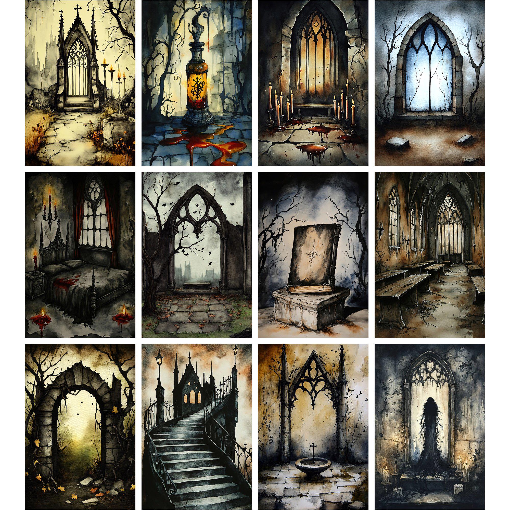 230 Watercolor Gothic Scenes - Printable Pages, Spooky Horror Junk ...