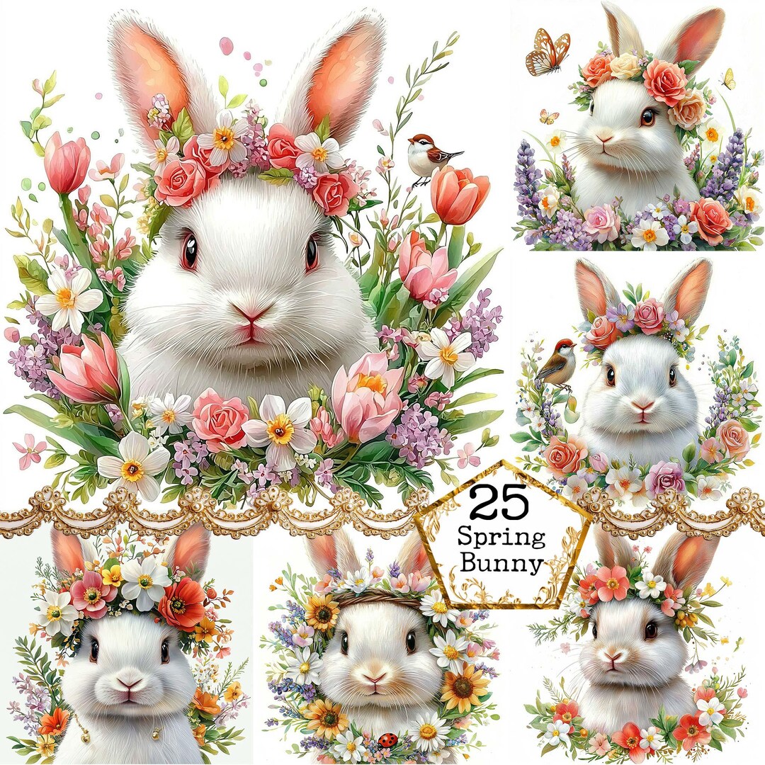 JPEG Watercolor Spring Rabbit Clipart Bundle Cute Bunny Clipart Spring ...