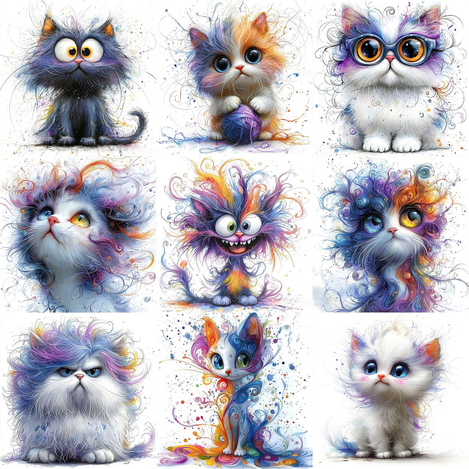 JPEG Hairy Funny Cats Clipart Bundle Artsy Cat Whimsical Cats Animal ...