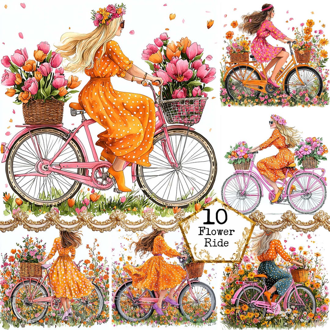 JPEG Watercolor Floral Bicycle and Girl Clipart Bundle Watercolor ...