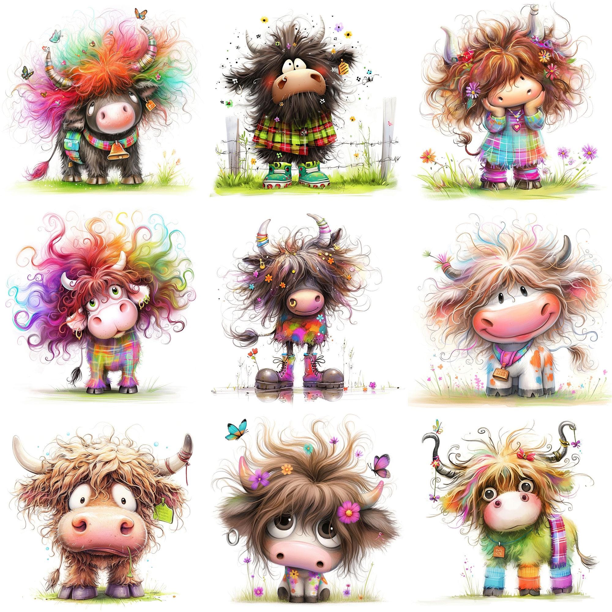 JPEG Whimsical Highlander Cow Clipart Bundle Quirky Highland Cow Farm ...