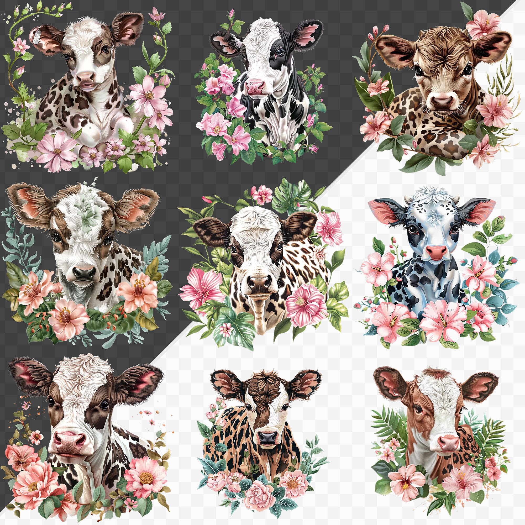 PNG Floral Cow Clipart Bundle Cow Head and Flowers Commercial Use ...