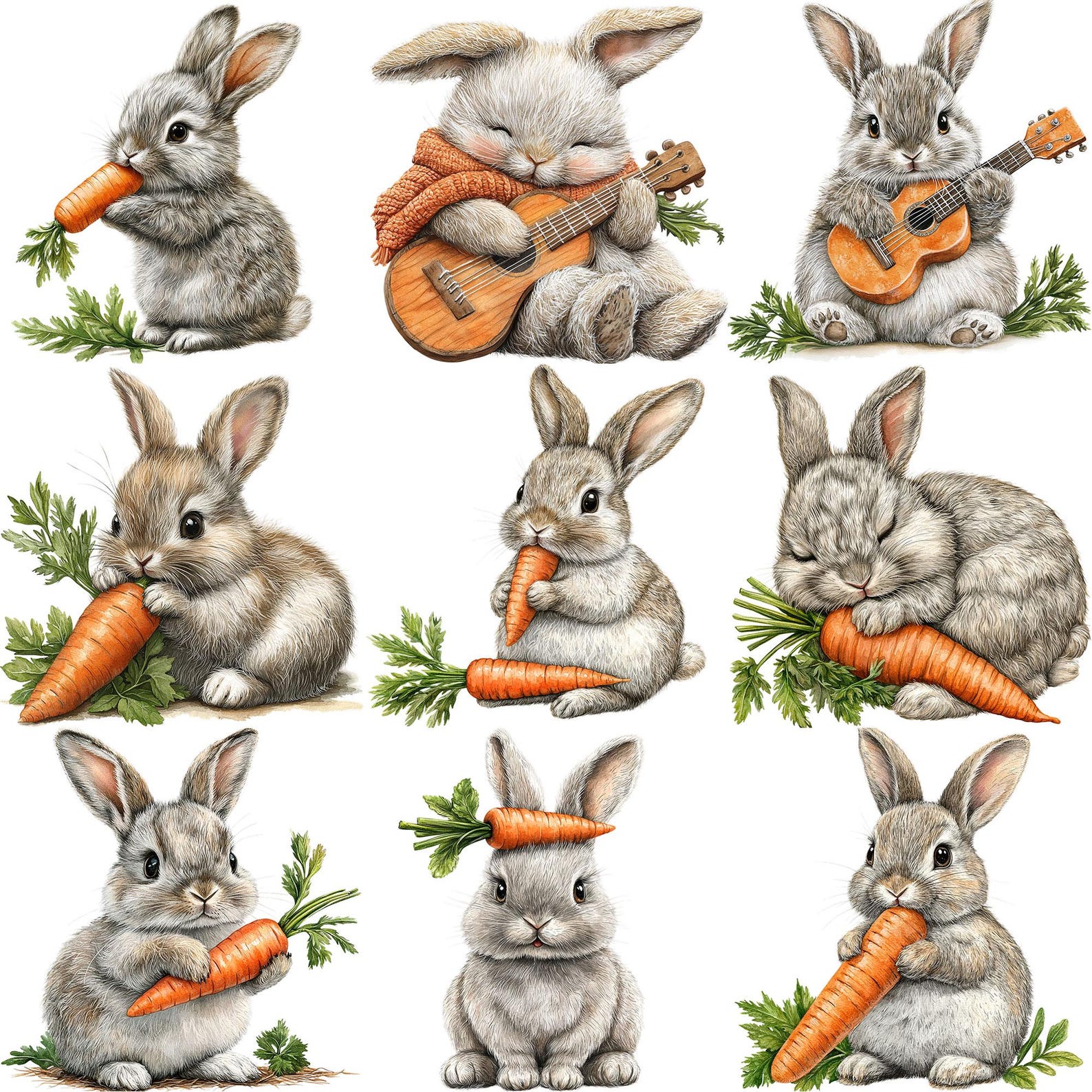 PNG + JPEG Watercolor Rabbit With a Carrot Clipart Bundle Cute Bunny ...