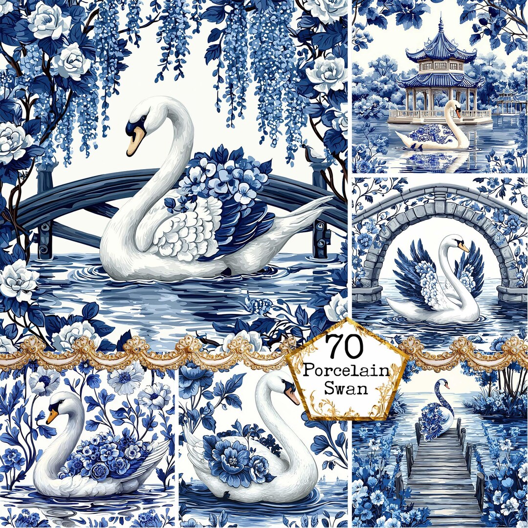 JPEG Antique Swan Tiles Clipart Bundle Swan Mediterranean Tiles Ceramic ...