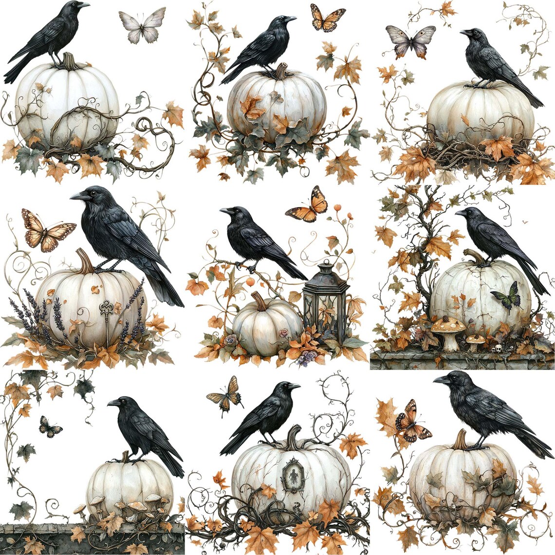 PNG Overgrown Watercolor Pumpkins and Raven Clipart Bundle Fall Clipart ...