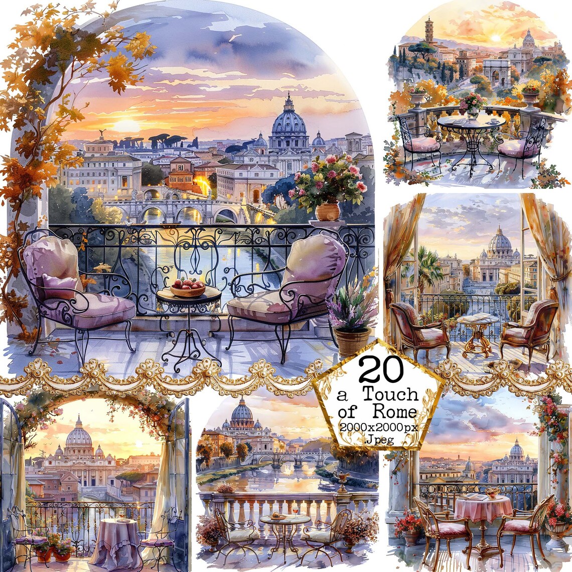 JPEG Rome Pink Floral View From Balcony Clipart Bundle Commercial Use ...
