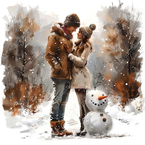 JPEG Watercolor Couple in a Winter Scenery JPEG Winter Park Clipart ...