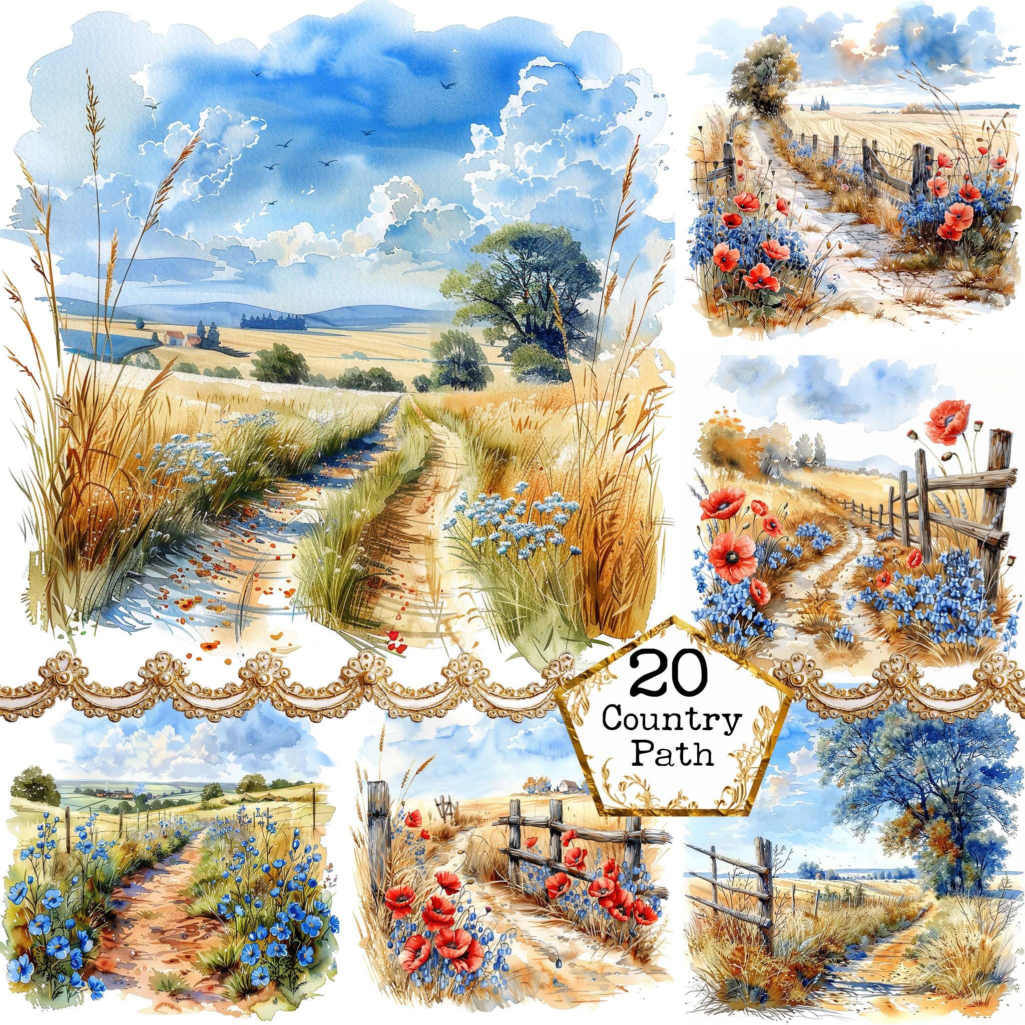 JPEG Watercolor Country Path Clipart Bundle Commercial Use Landscape ...