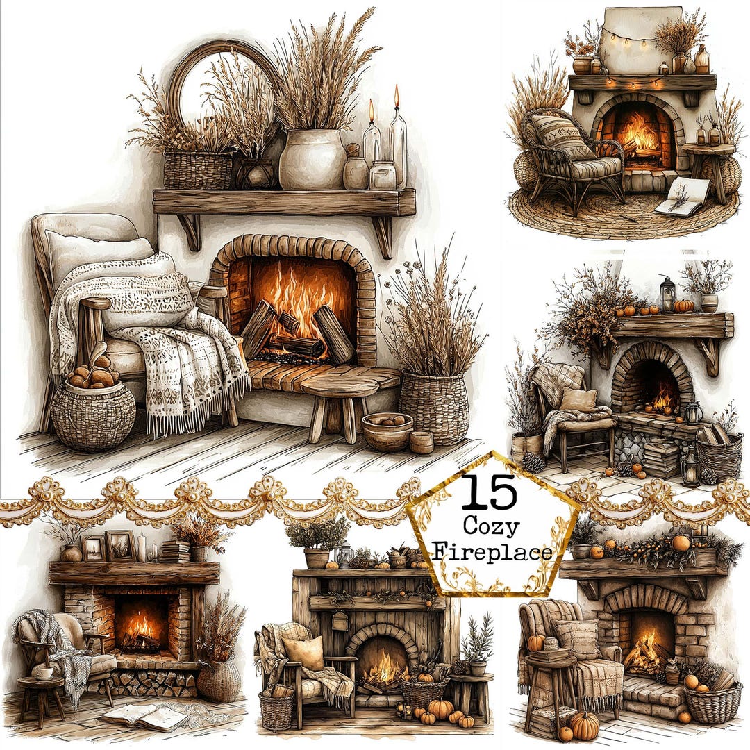 JPEG Watercolor Boho Cozy Corner With Fireplace Vintage Clipart Bundle ...