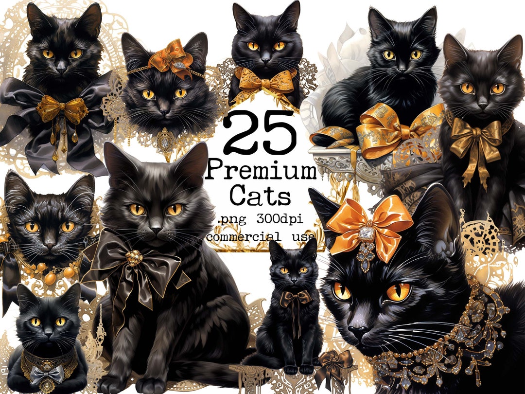 Black Cat Clipart Bundle PNG Halloween Clipart Watercolor PNG Format ...
