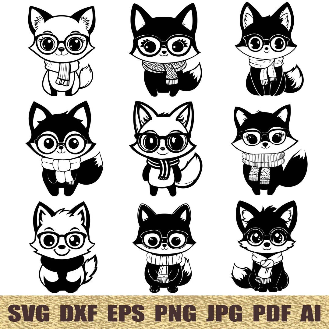 25 Fox With Glasses and Scarf Svg, Dxf, Eps, Ai, Pdf, Jpg, Png Winter ...