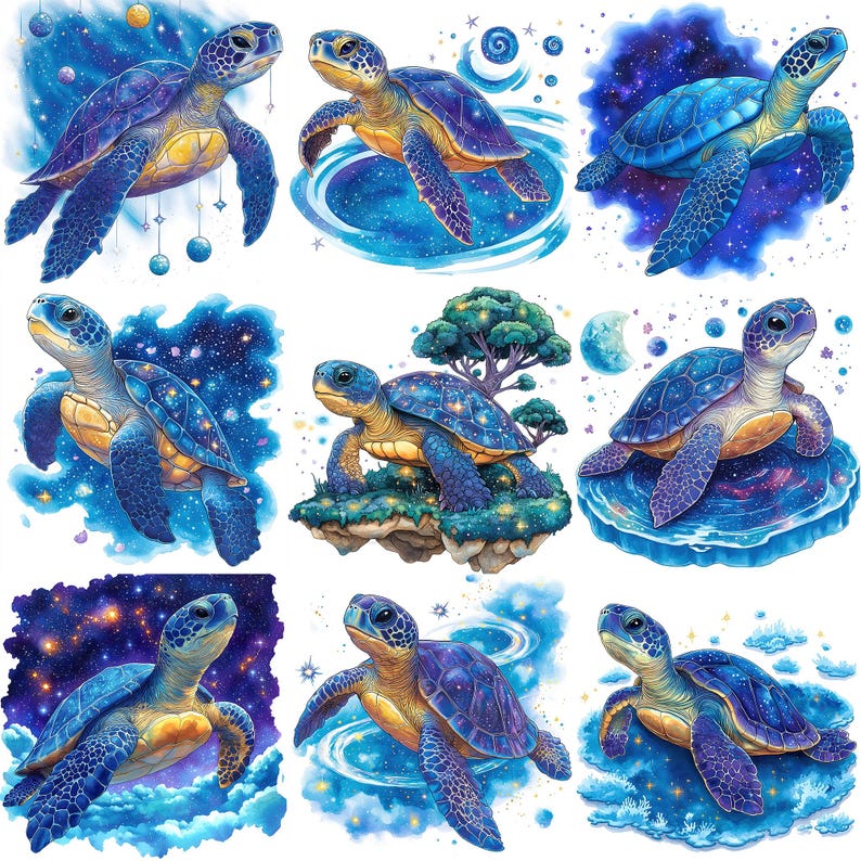 JPEG Watercolor Galaxy Turtle Clipart Bundle Celestial Ocean Clipart ...