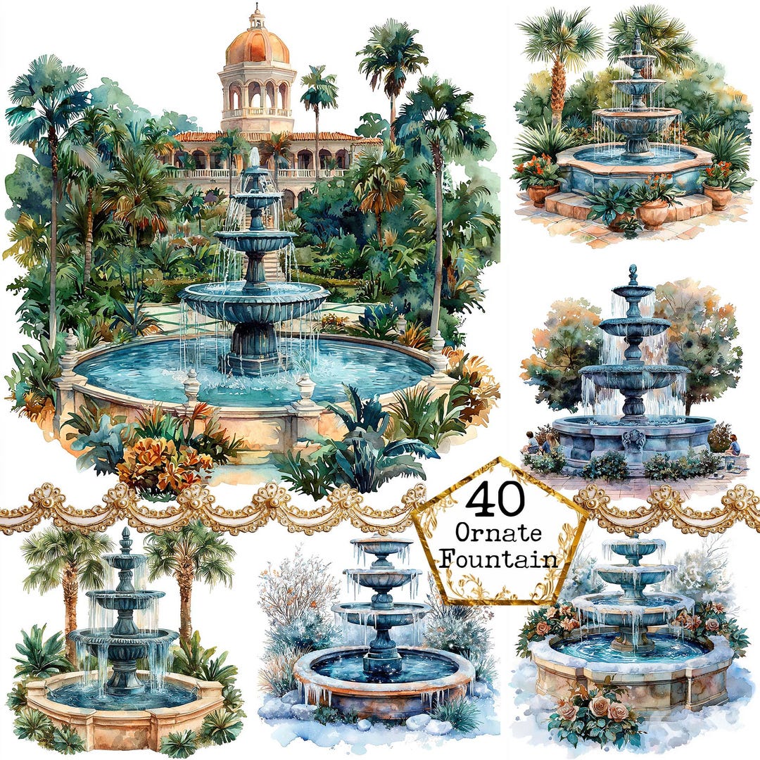 JPEG Watercolor Fountains Clipart Bundle Exotic Fountain Art Commercial ...