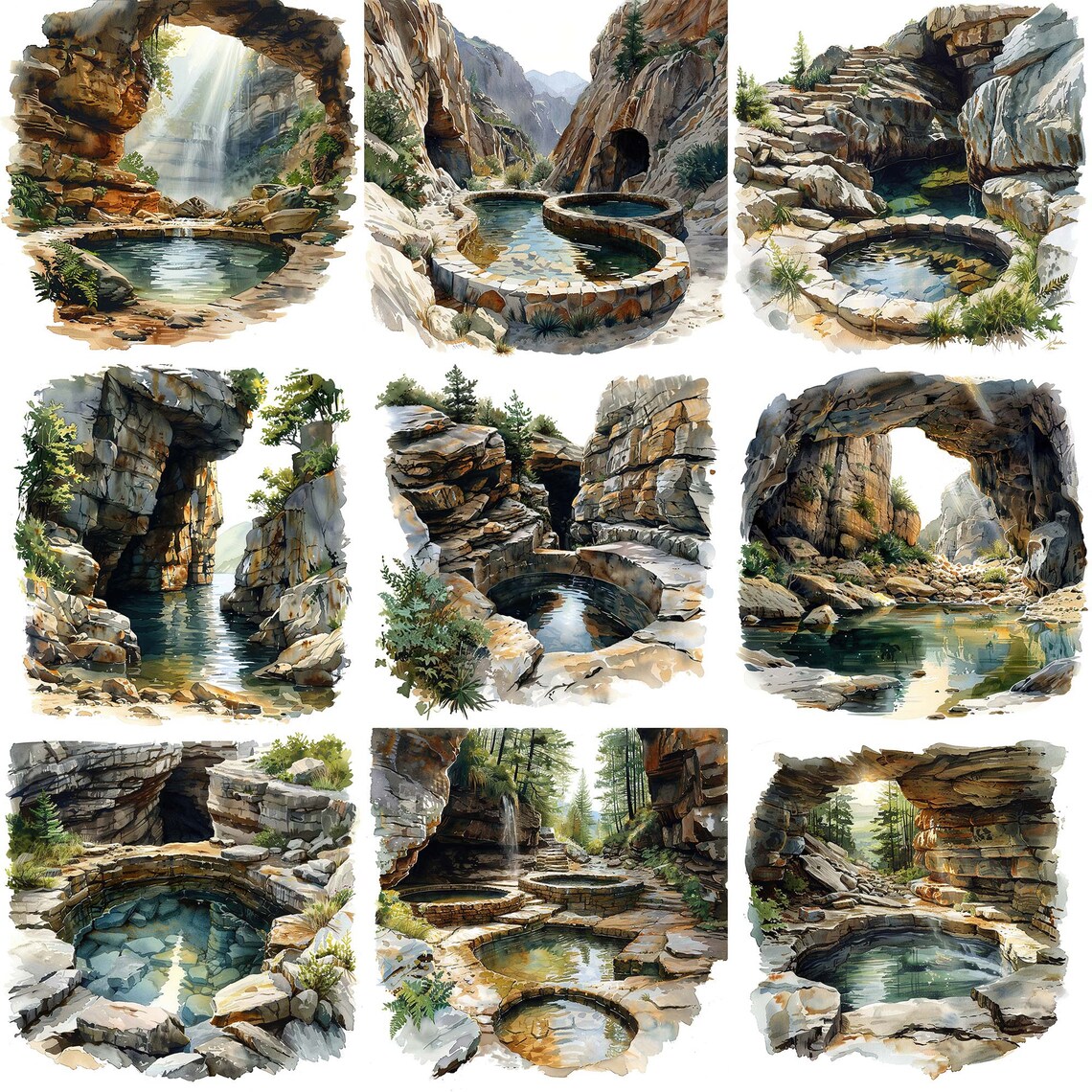 JPEG Watercolor Cave Pool Clipart Bundle JPEG Instant Download ...