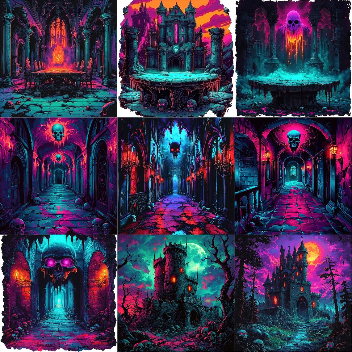 JPEG Electric Vibrant Haunted Castle Illustration Halloween Art ...