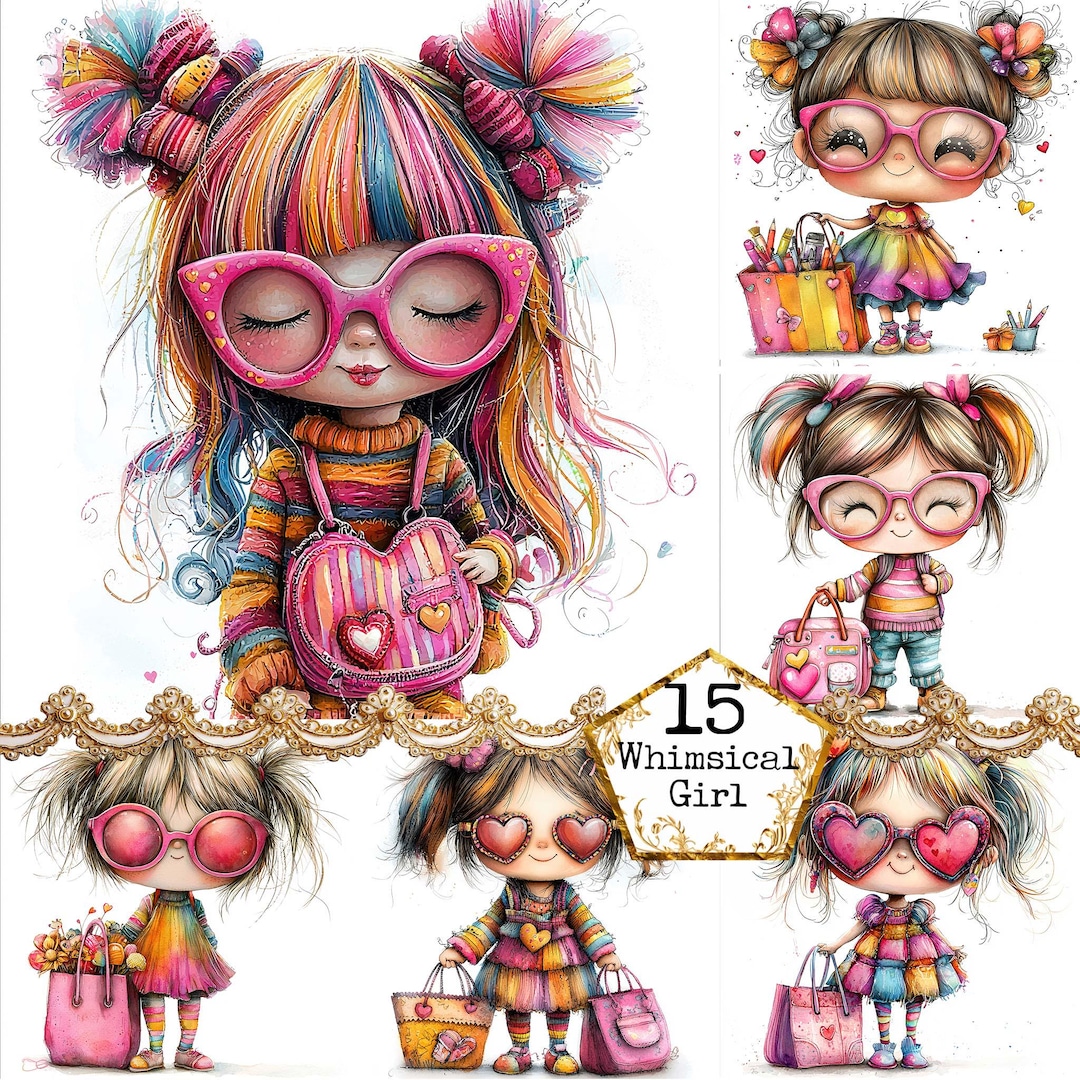 JPEG Cute Whimsical Girl Clipart Bundle Fashion Girl Back to School ...