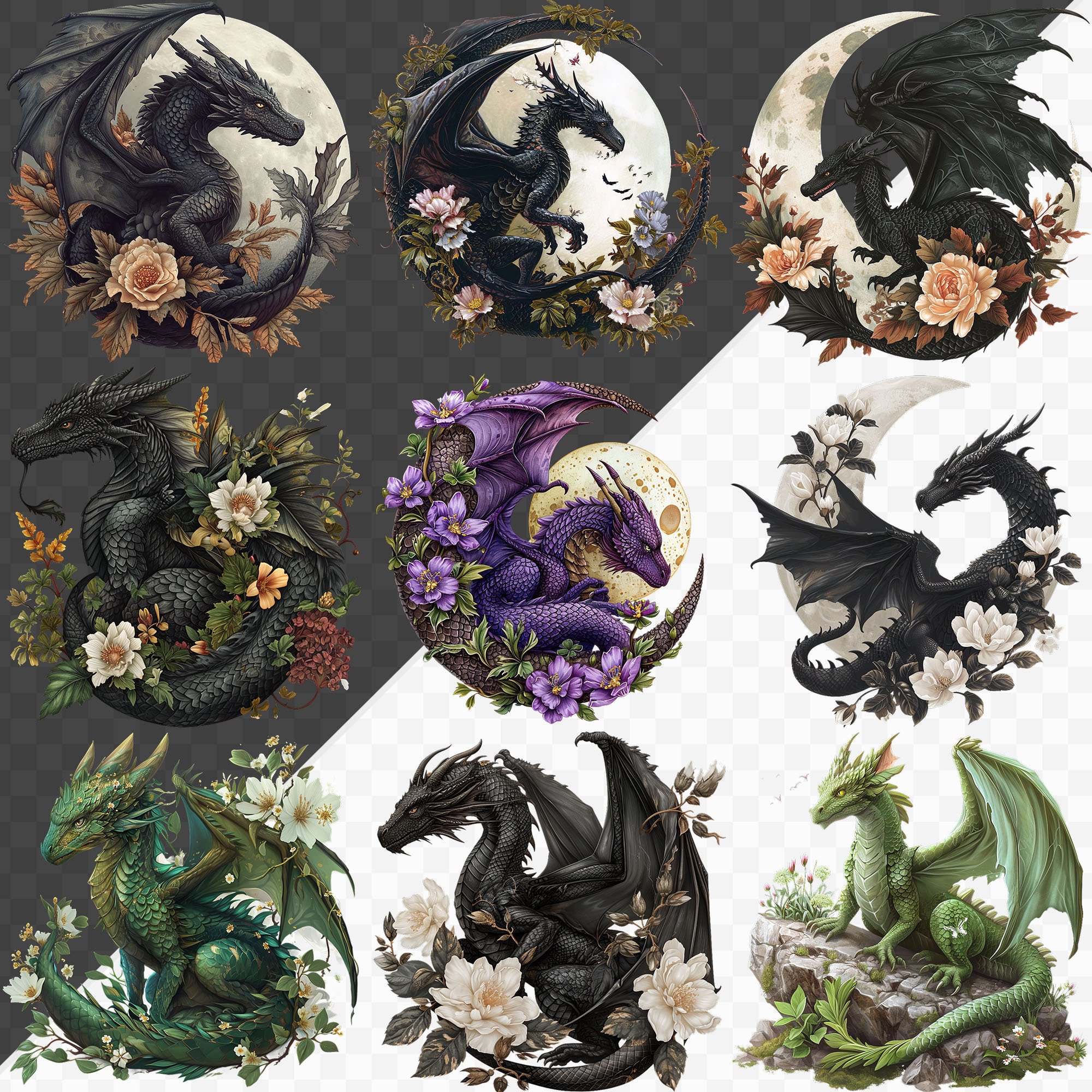 BIG BUND Dragons Watercolor Clipart, Fantasy Dragons PNG, Magical ...