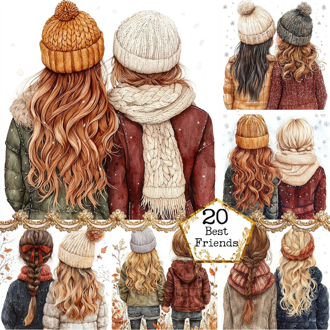 JPEG Watercolor Winter Girls Best Friends Clipart Bundle Besties ...