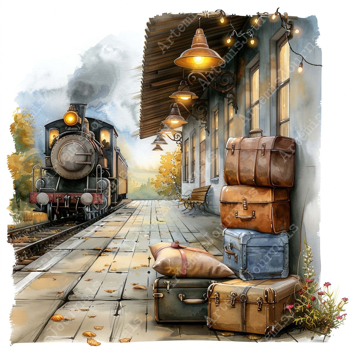 JPEG Watercolor Vintage Train Station Clipart Bundle JPEG Commercial ...