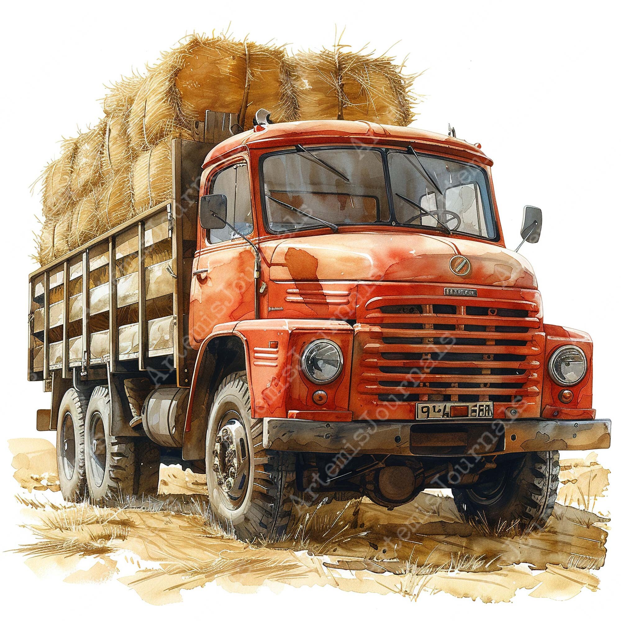 Watercolor Vintage Farm Truck With Hay Clipart Bundle JPEG Commercial ...