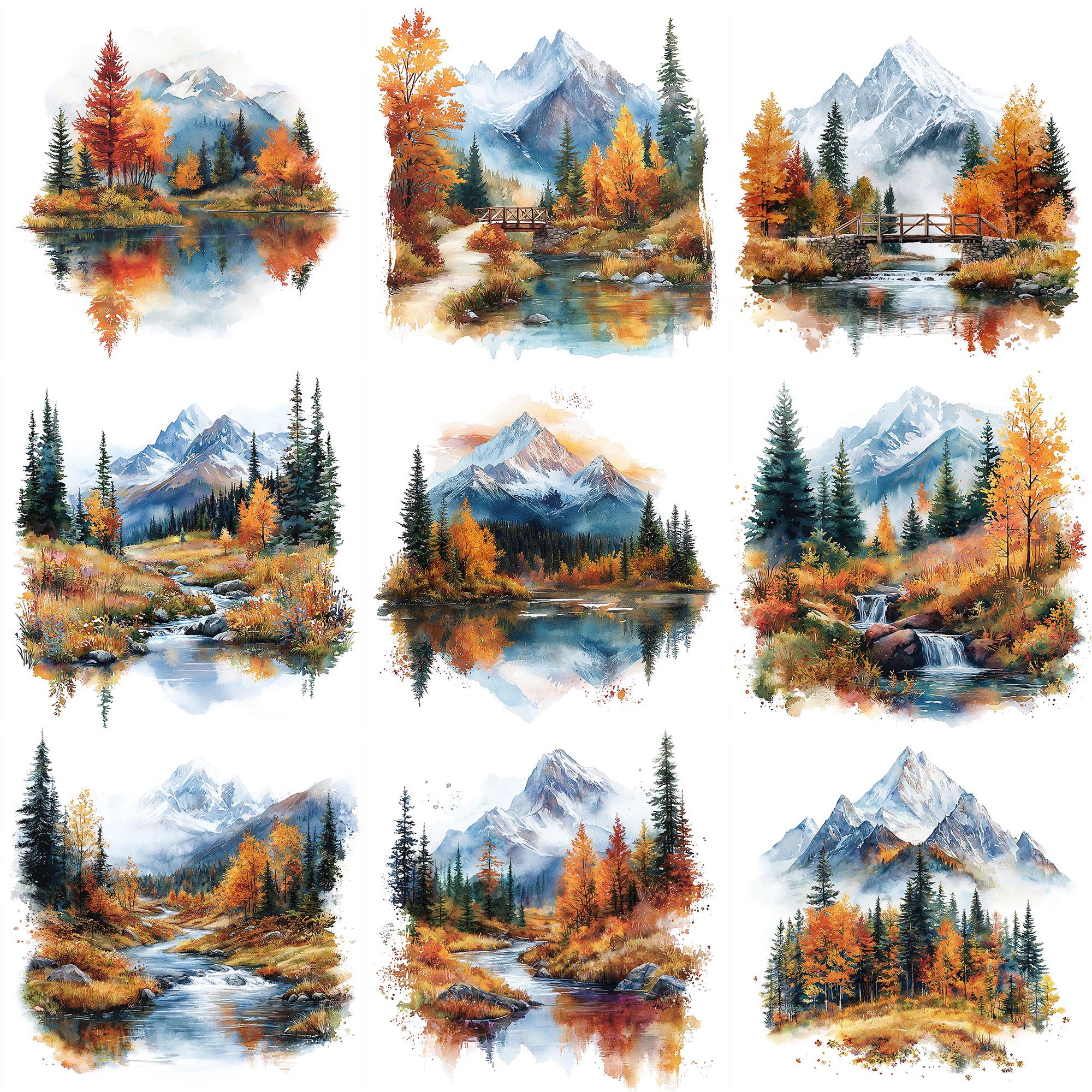 JPEG Watercolor Autumn Mountain Clipart Bundle Fall Mountain Scenery ...