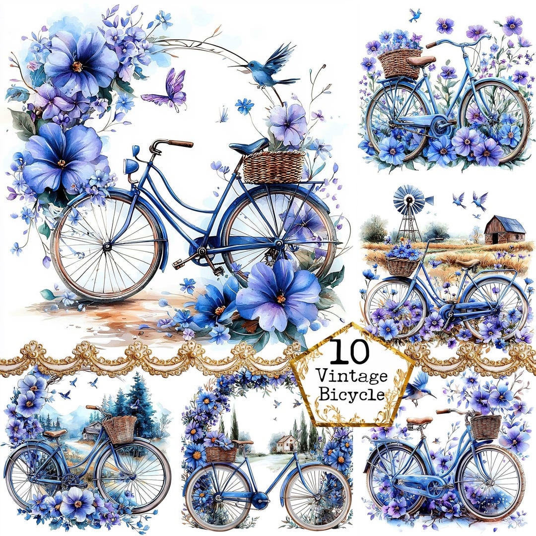 JPEG Watercolor Floral Bicycle Clipart Bundle Purple Flowers Clipart ...