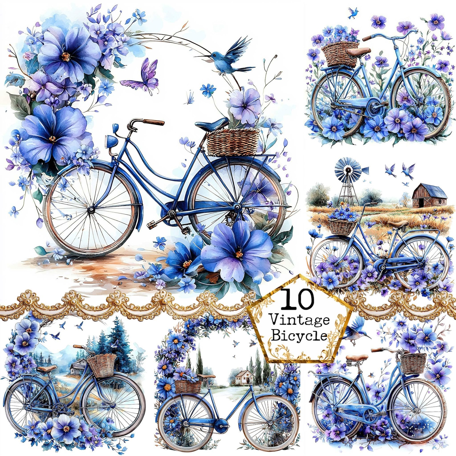 JPEG Watercolor Floral Bicycle Clipart Bundle Purple Flowers Clipart ...