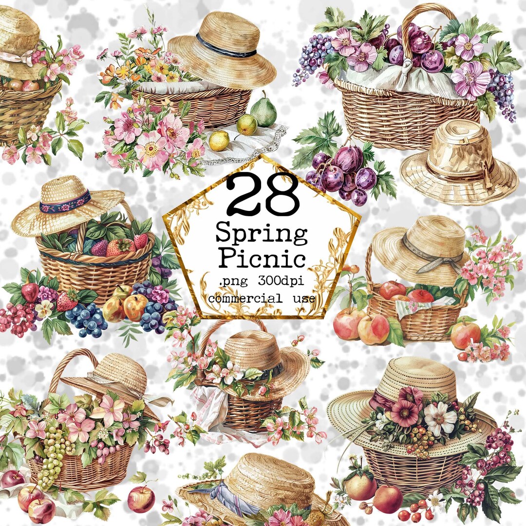 Watercolor Picnic Clipart Bundle Spring Clipart Food Basket Clipart ...