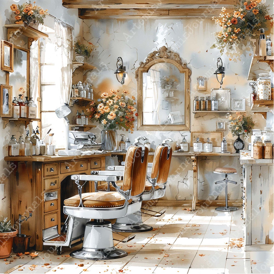 Watercolor Vintage Barber Shop JPEG Instant Download Hairdresser's Shop ...