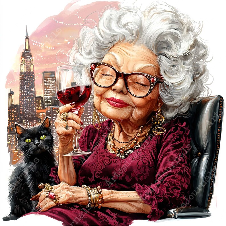JPEG Watercolor Elderly Lady Having Red Wine Clipart Bundle Celebrating ...