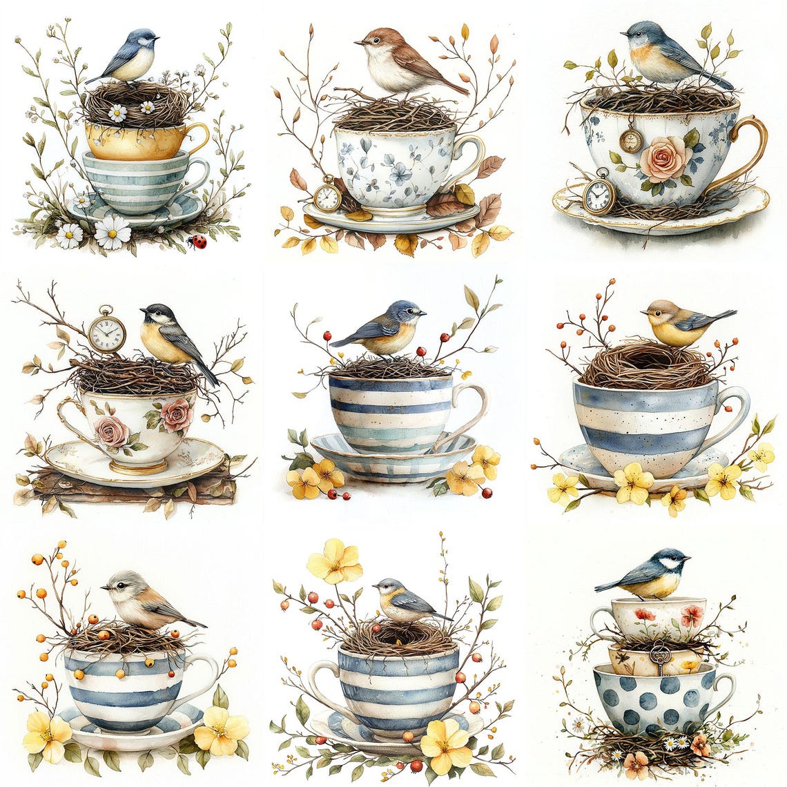 JPEG Watercolor Spring Teacup With Bird Nests Clipart Bundle Spring ...