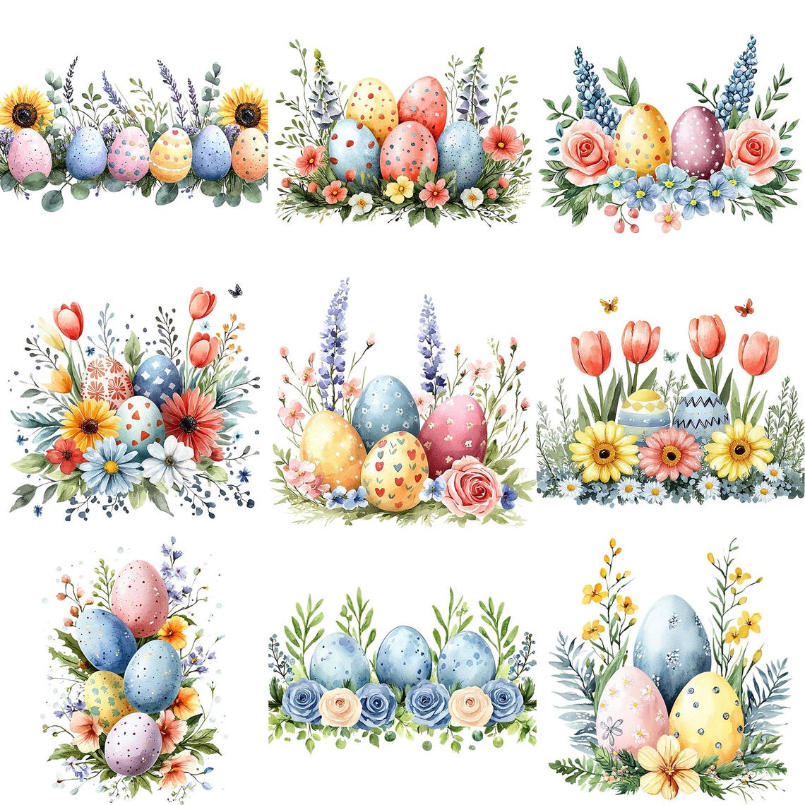 PNG + JPEG Watercolor Easter Eggs Clusters Clipart Bundle Easter Egg ...