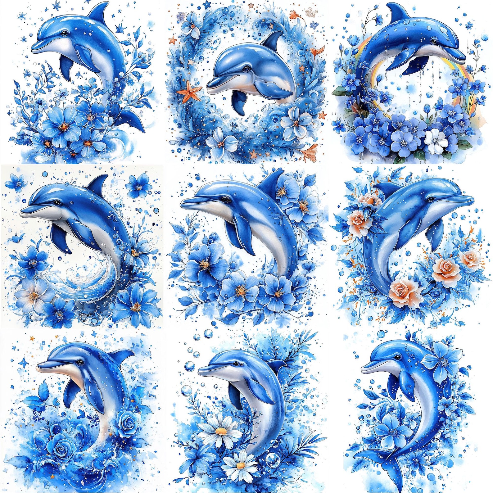 JPEG Watercolor Dolphin Clipart Bundle Floral Dolphin Clipart Sea Life ...