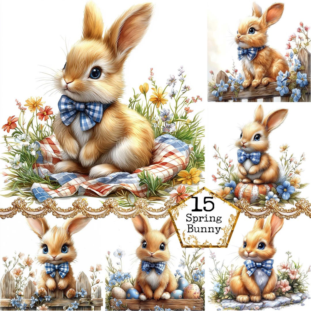 JPEG Watercolor Spring Rabbit Clipart Bundle Cute Bunny Clipart Spring ...