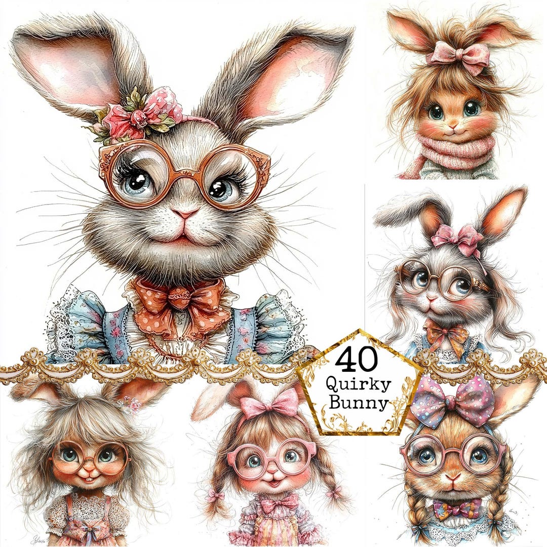 JPEG Watercolor Funny Rabbit Clipart Bundle Cute Bunny Clipart Quirky ...
