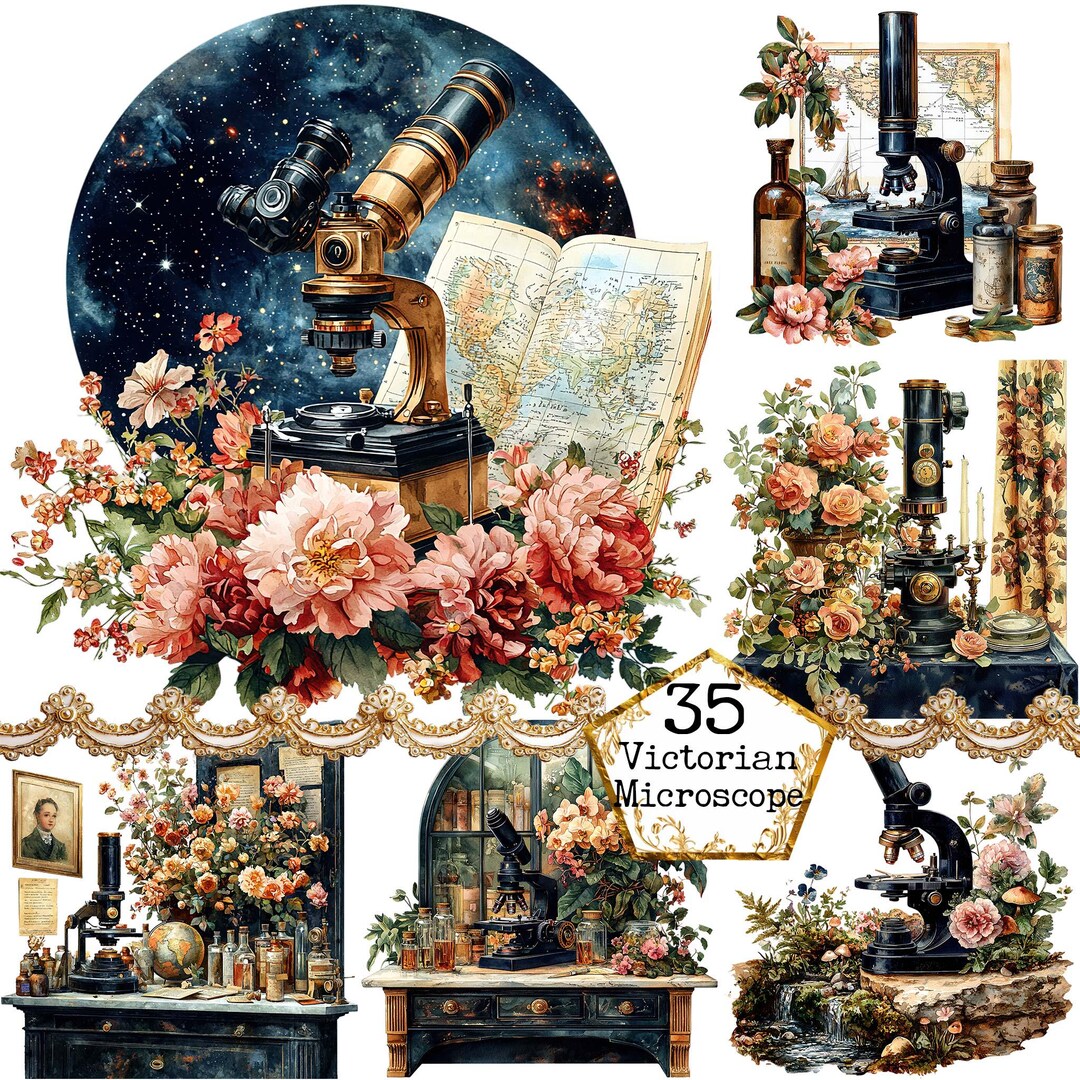 PNG + JPEG Victorian Microscope Clipart Bundle Victorian Cabinet ...