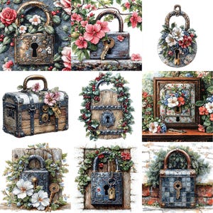 JPEG Antique Floral Lock Clipart Bundle Padlock and Key Illustrations ...