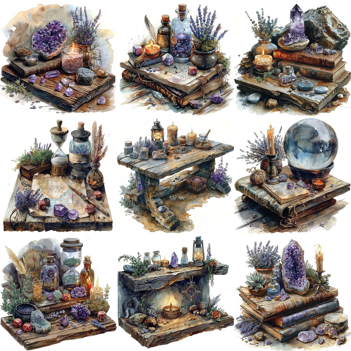 JPEG Witches Desk Clipart Bundle Crystal Ball Magic Stones Spells and ...